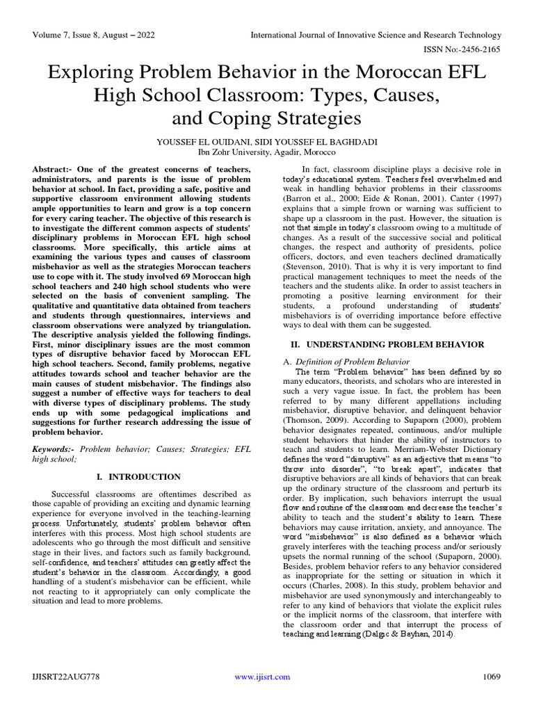 Exploring Problem Behavior in The Moroccan EFL High School Classroom Types, Causes, and Coping ...