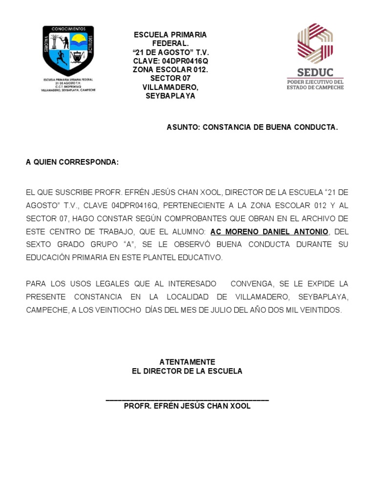 Cartas de Buena Conducta | PDF | Educación primaria | Etapas educativas