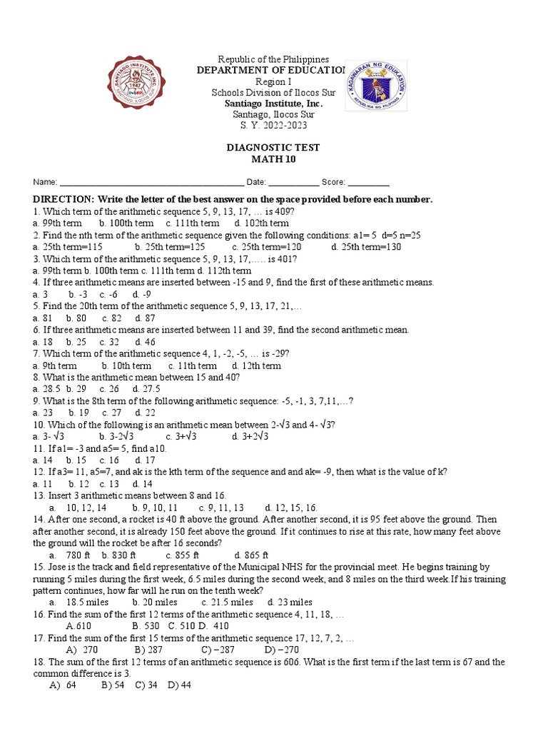Diagnostic test in Math 10 | PDF | Mathematics | Arithmetic