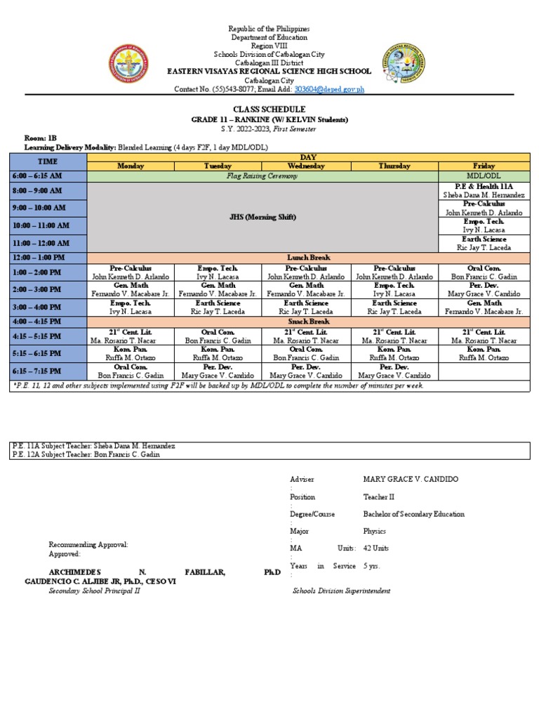 G11 Rankine Class Schedule | PDF | Schools | Educational Institutions