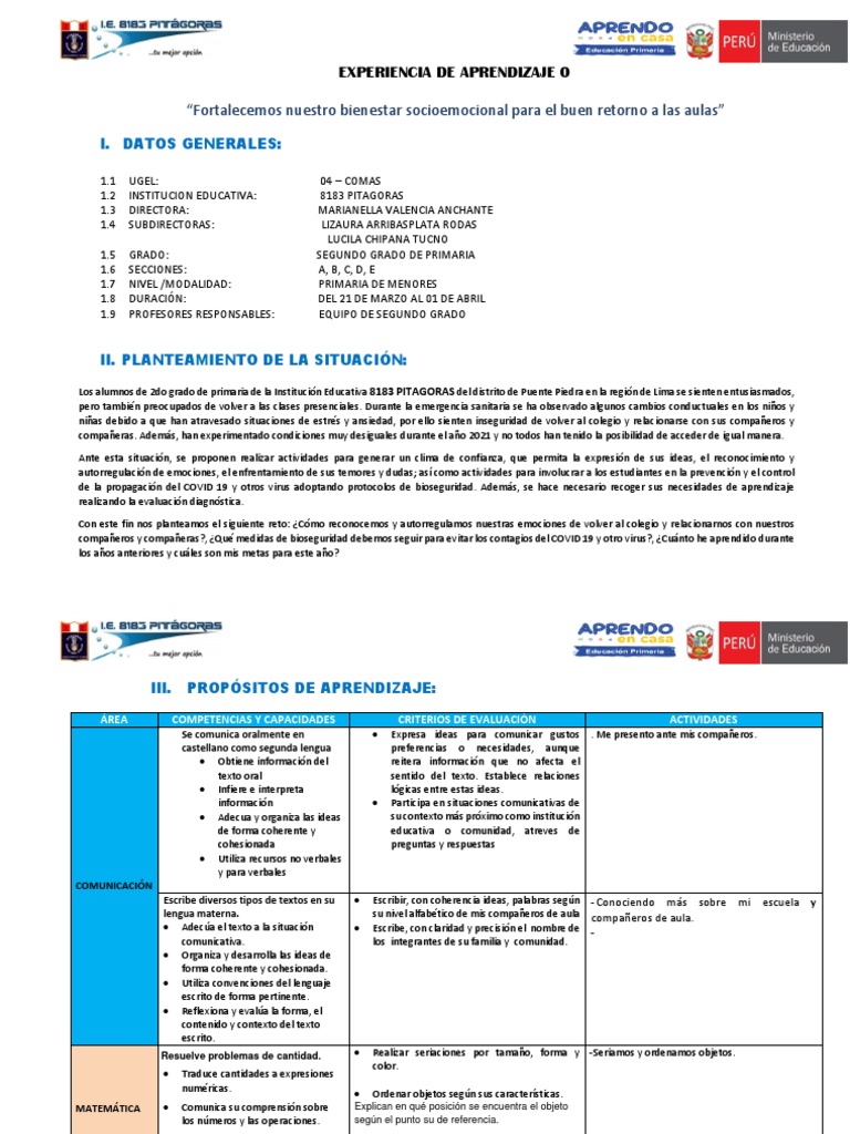 Experiencia de Aprendizaje Cero - 2º A, B, C, D y e | PDF | Estadísticas | Evaluación