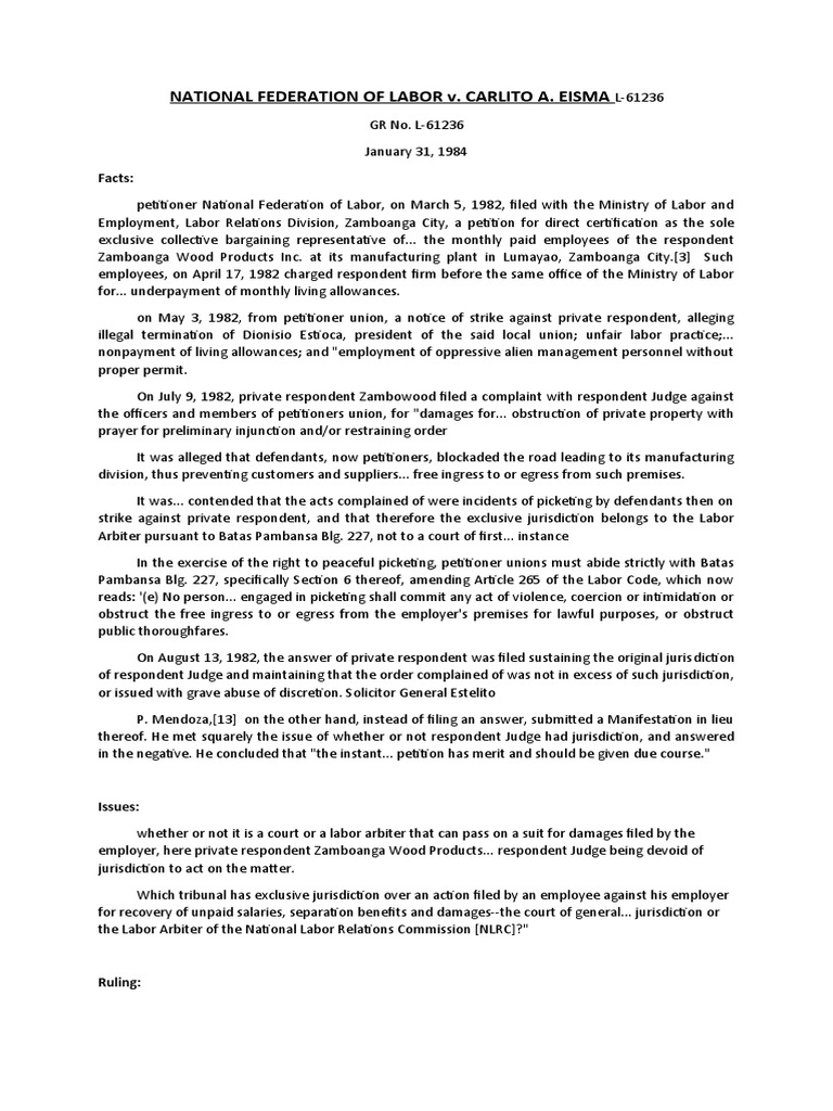 NATIONAL FEDERATION OF LABOR v. CARLITO A. EISMA L-61236 | PDF | Labour ...