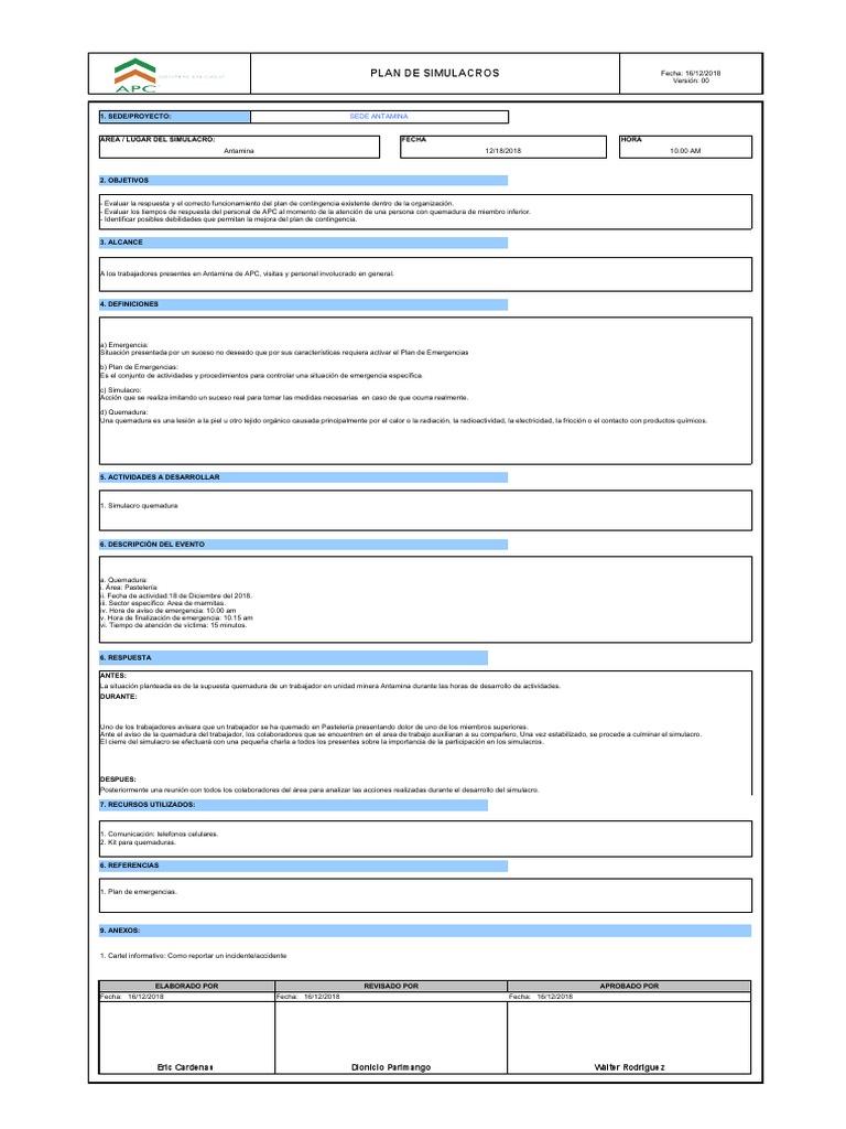 Plan de Simulacro - Quemadura | PDF | Quemar | Simulación