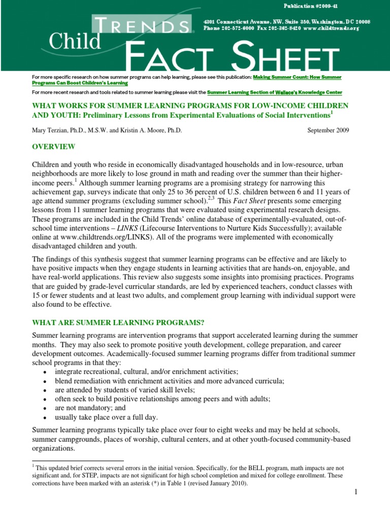 Effective and Promising Summer Learning Programs Fact Sheet | PDF ...