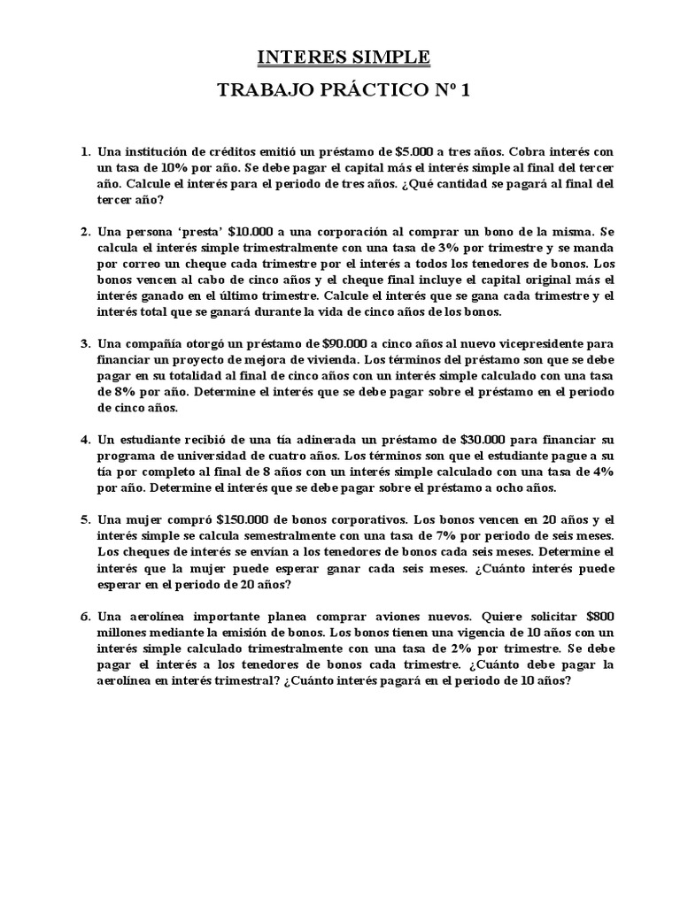 Interes Simple Trabajo Práctico #1 | PDF