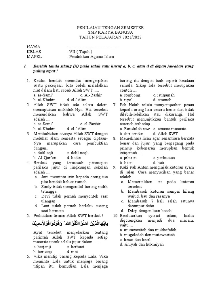 Soal PTS Pai KLS 7 SMT Ganjil (2021) | PDF