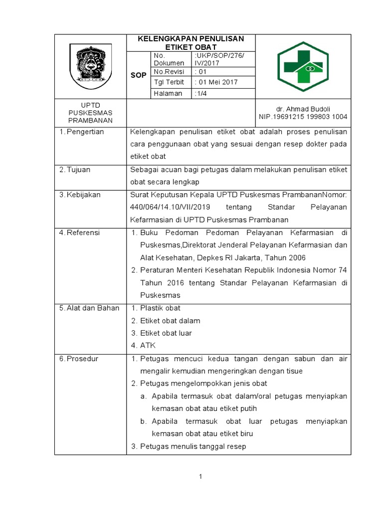 Sop Kelengkapan Penulisan Etiket Obat | PDF