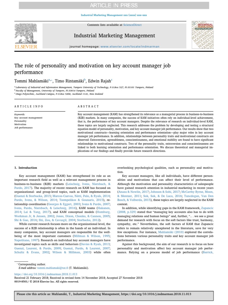 The Role of Personality and Motivation On Key Account Manager Job ...