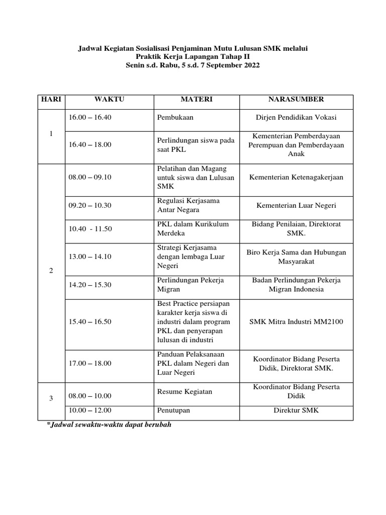 Jadwal Kegiatan Sosialisasi PKL Tahap II (Untuk Peserta) | PDF