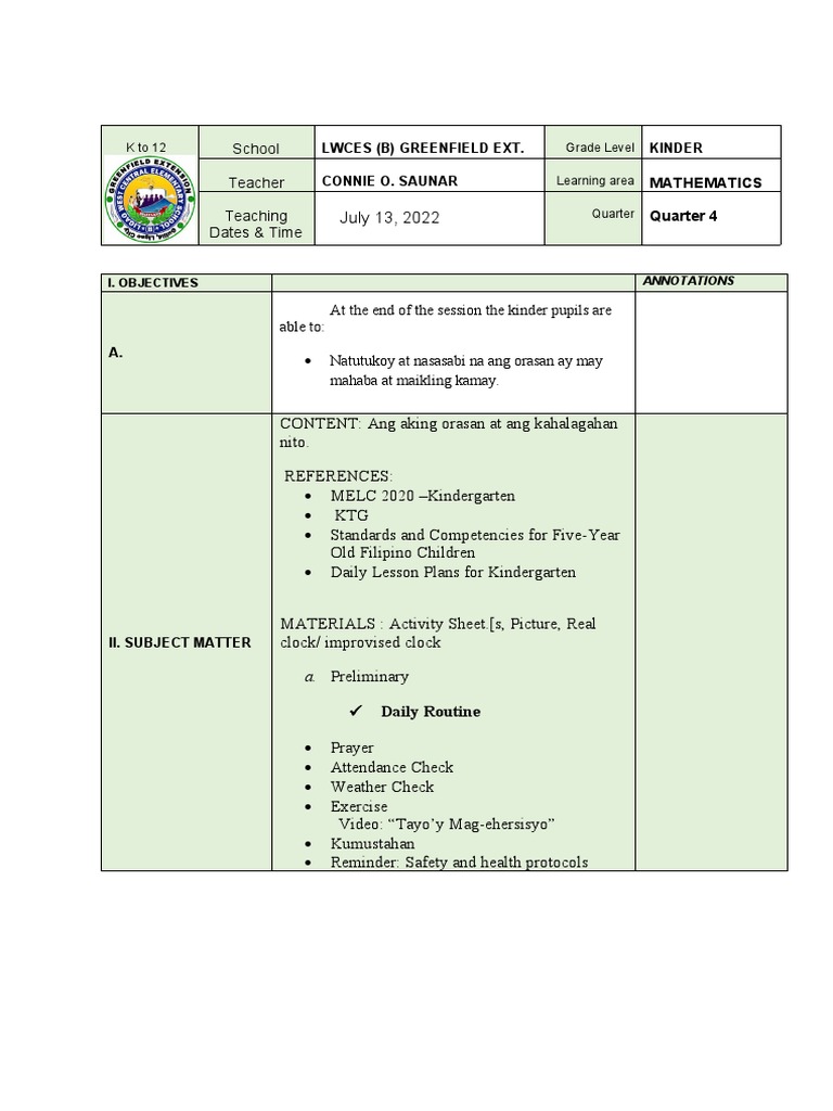 LP CONS COT 2 (Telling Time) | PDF | Learning | Teachers