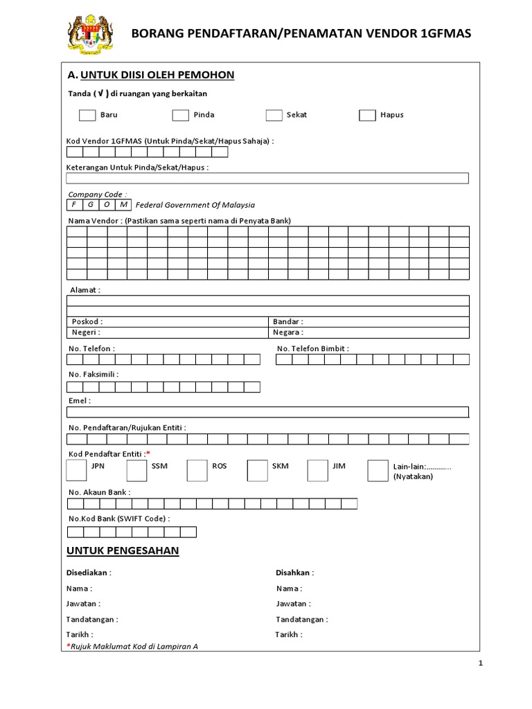 Borang Pendaftaran Penamatan Vendor 1GFMAS | PDF