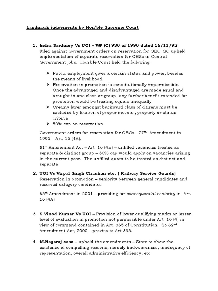 Landmark Supreme Court rulings on reservation | PDF | Constitutional ...