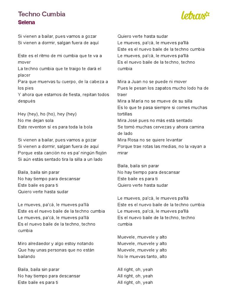 TECHNO CUMBIA - Selena (Letra) | PDF