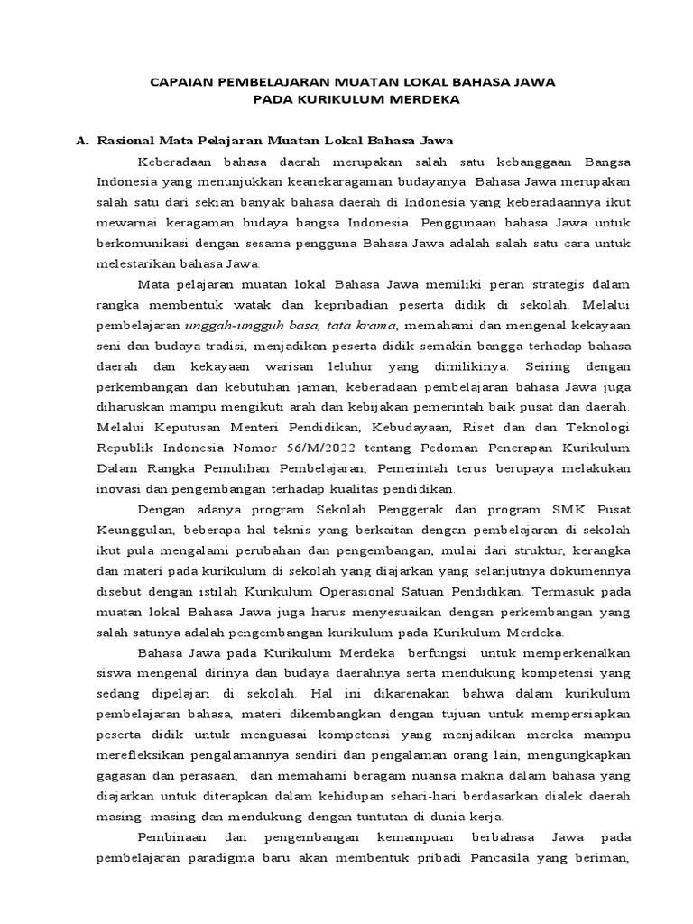 Capaian Pembelajaran Bahasa Jawa Merdeka | PDF