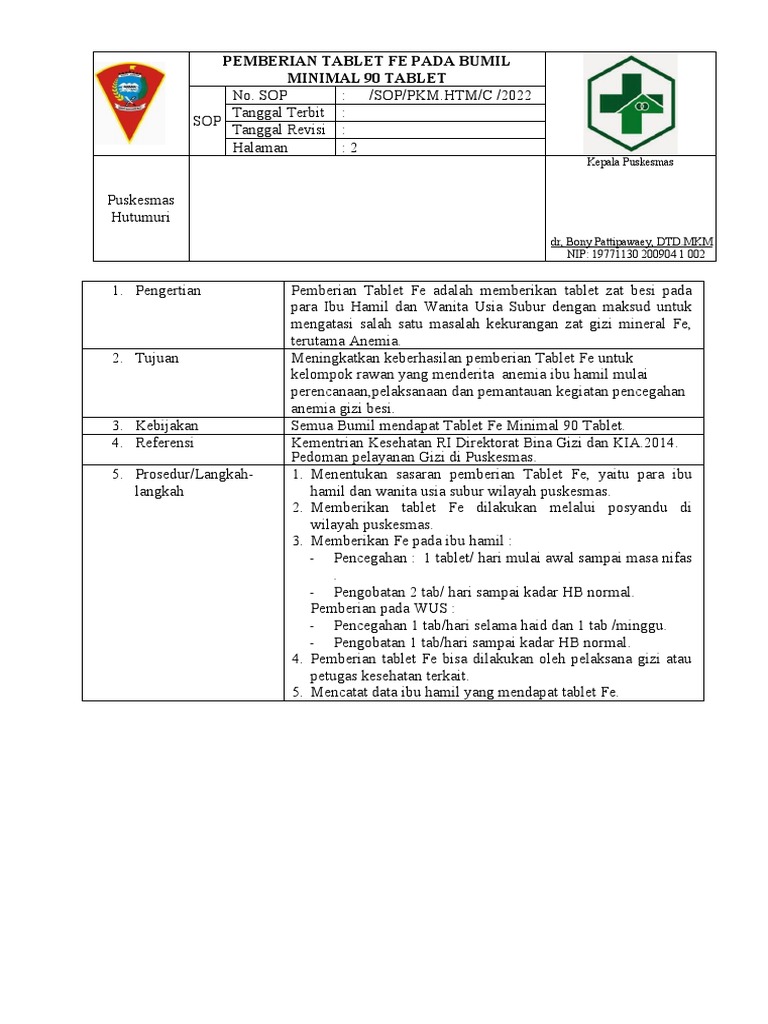 SOP Pemberian Tablet Fe | PDF