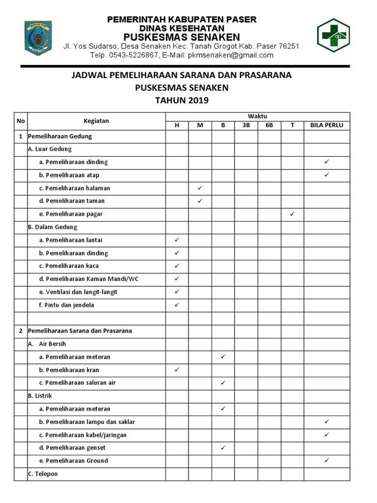 Jadwal Pemeliharaan Sarana Dan Prasarana Puskesmas | PDF