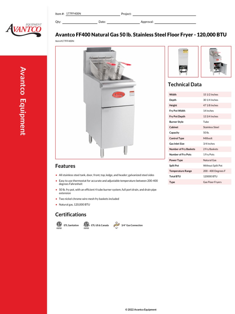 Avantco Equipment ff400 Nat Specsheet | PDF | Kitchen | British Thermal ...