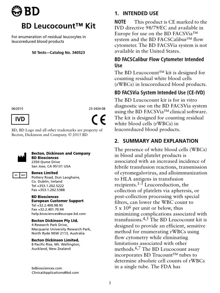 BD Leucocount™ Kit: For Enumeration of Residual Leucocytes in ...