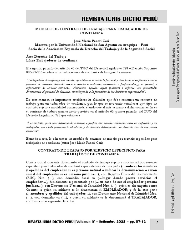 Modelo Contrato Trabajo Para Trabajador De Confianza Autor José María Pacori Cari Pdf