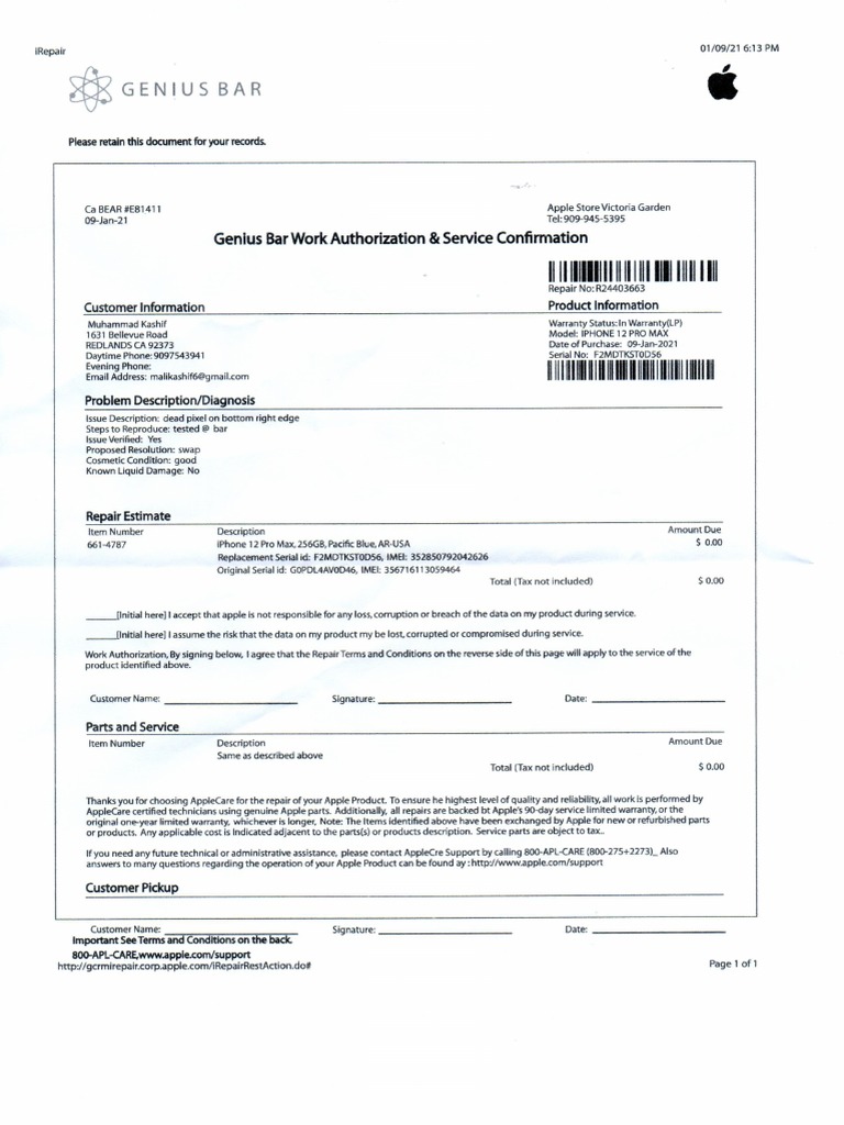 Apple Replacement Document | PDF