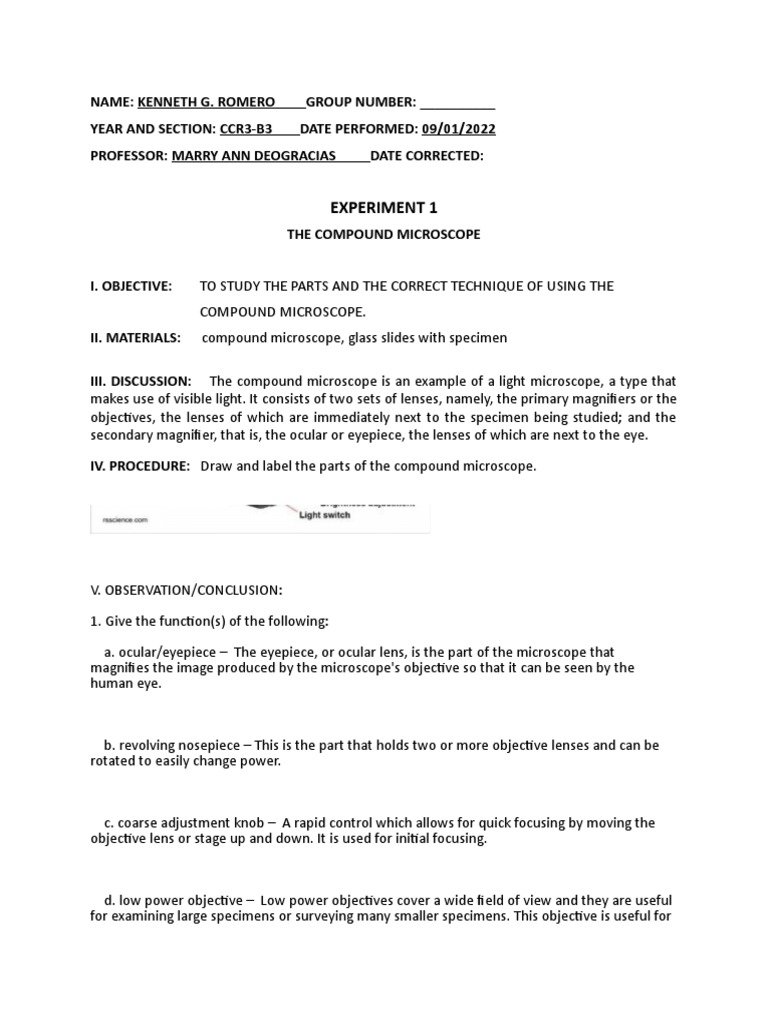 Experiment 1 The Compound Microscope Pdf Microscope Microscopy