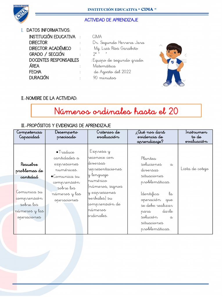 Numeros Ordinales Hasta El 20 | PDF | Aprendizaje | Evaluación