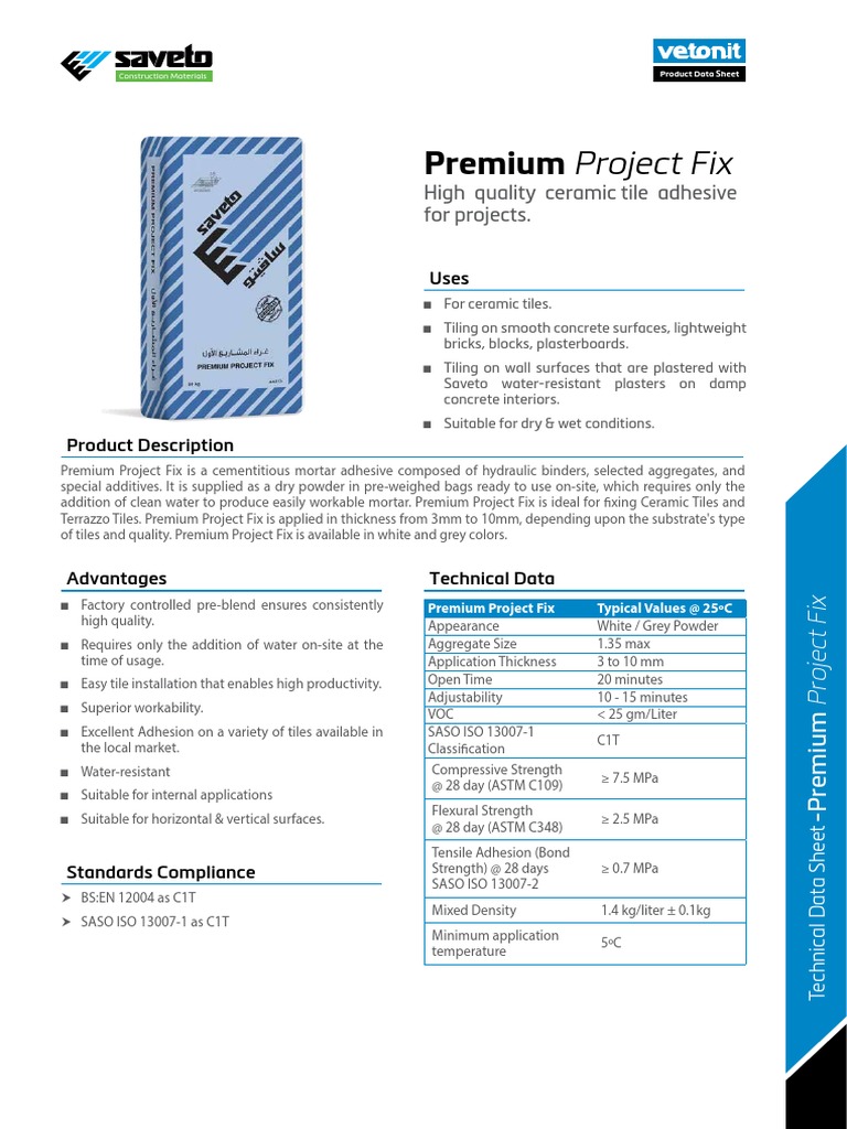 Premium Project Fix Tile Adhesive Data | PDF | Tile | Concrete