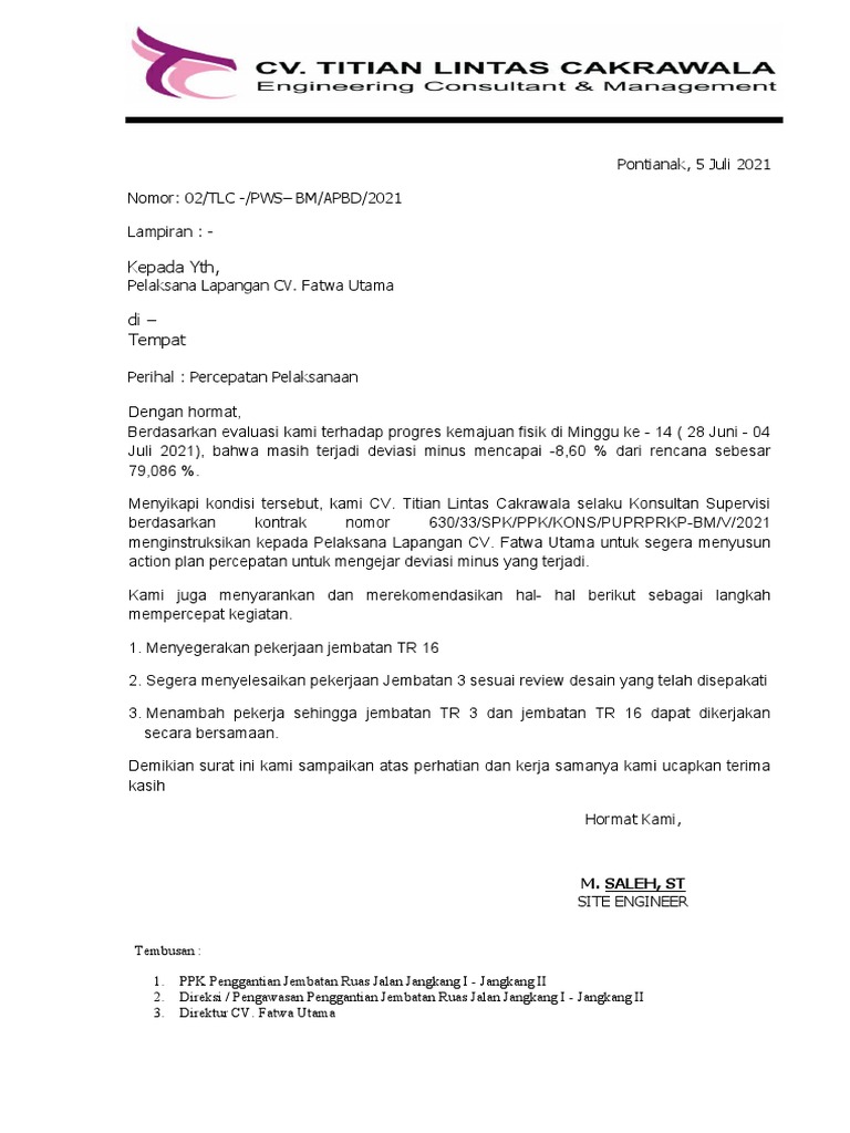 Contoh Surat Teguran Konsultan Kepada Penyedia Jasa | PDF