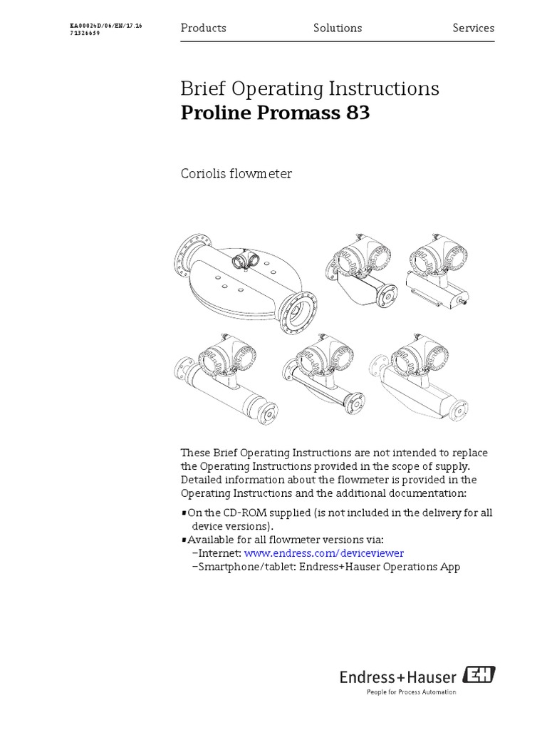 Brief Operating Instructions Proline Promass 83 | PDF | Flow Measurement | Pipe (Fluid Conveyance)