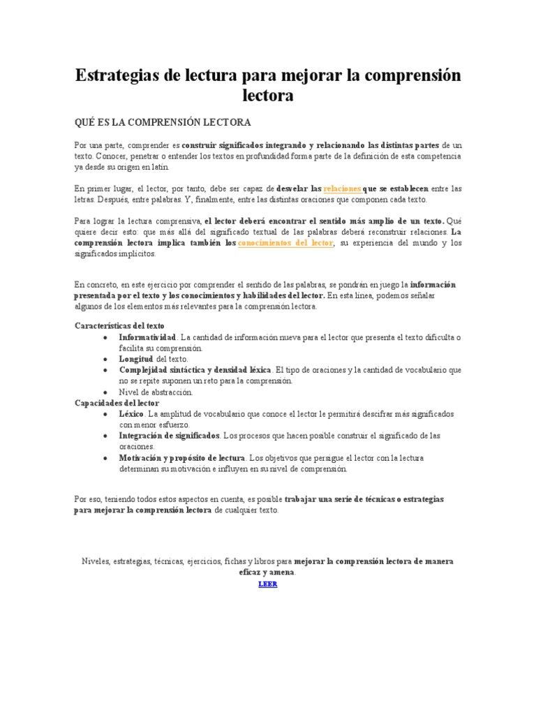 Estrategias de Lectura para Mejorar La Comprensión Lectora | PDF ...