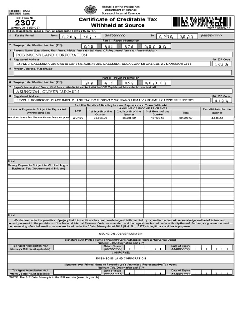 Certificate of Creditable Tax Withheld | PDF | Payments | Taxpayer
