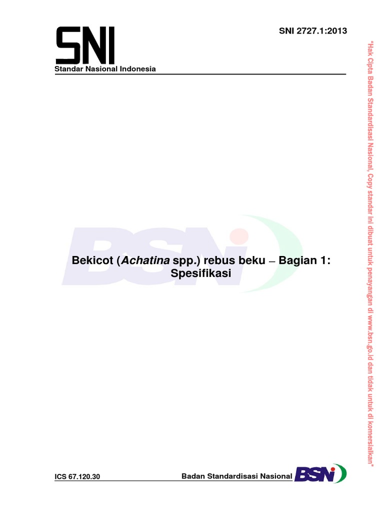 32a. Bekicot (Achatina SPP.) Rebus Beku - Bagian 1 Spesifikasi SNI 2727.1-2013 | PDF