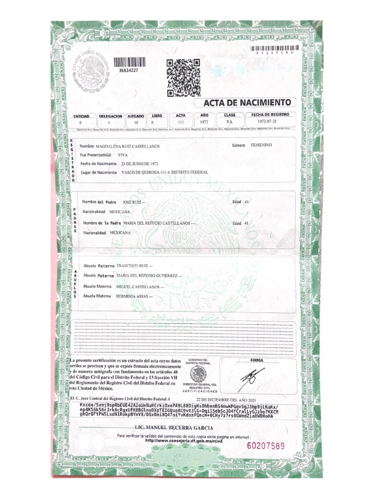 Acta de Nacimiento Mexico 1 | PDF