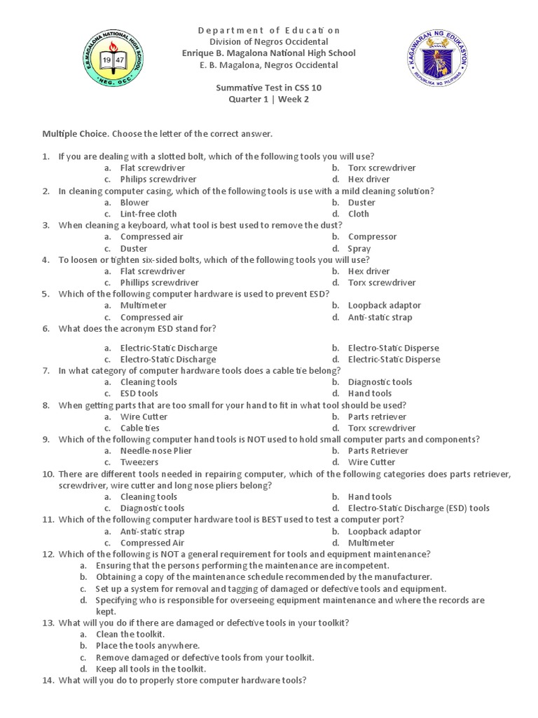 Enrique B. Magalona National High School Summative Test in CSS 10 ...