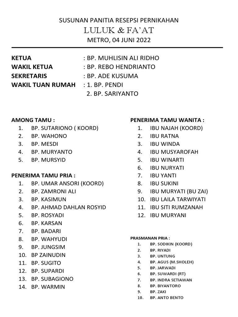 Panitia Resepsi Pernikahan Luluk dan Fa'at | PDF Panitia Resepsi Pernikahan Luluk dan Fa'at | PDF