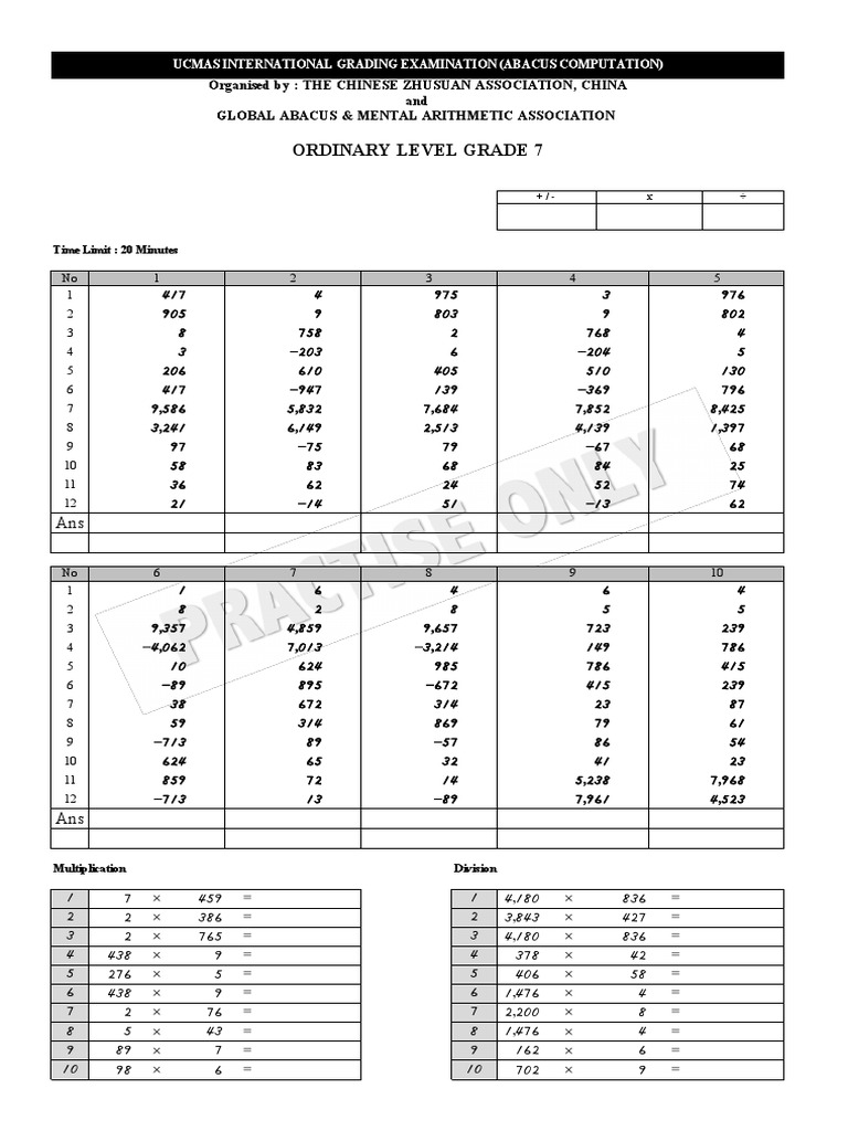 UCMAS Grade 7 Abacus Exam Questions | PDF | Arithmetic | Mathematics