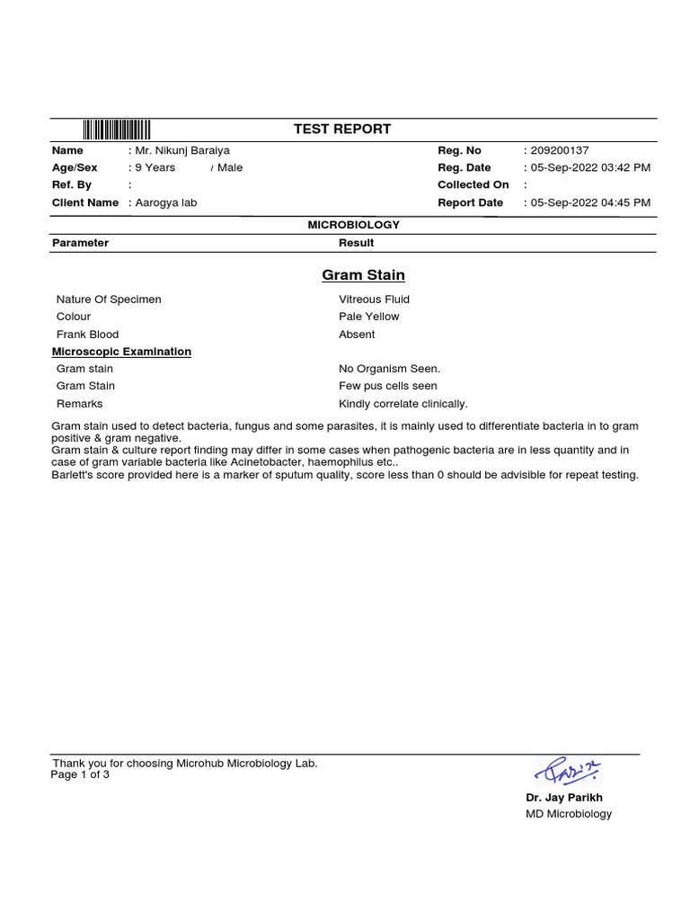 TestReport 209200137 | PDF | Staining | Bacteria