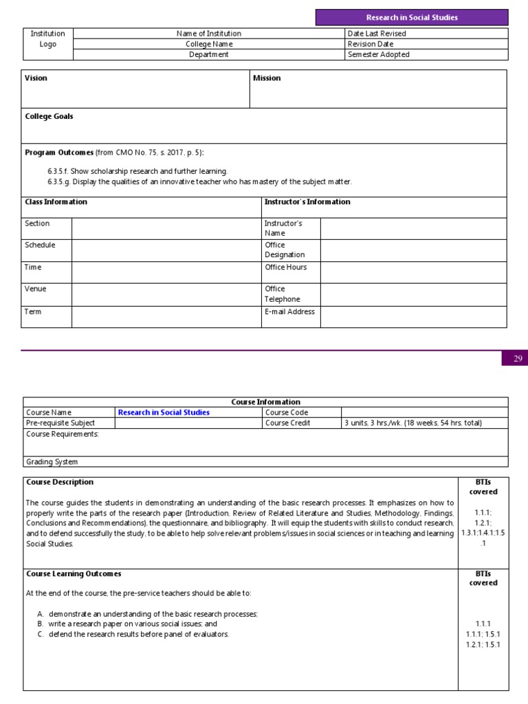 Social Studies Research Course Syllabus | PDF | Teachers | Learning