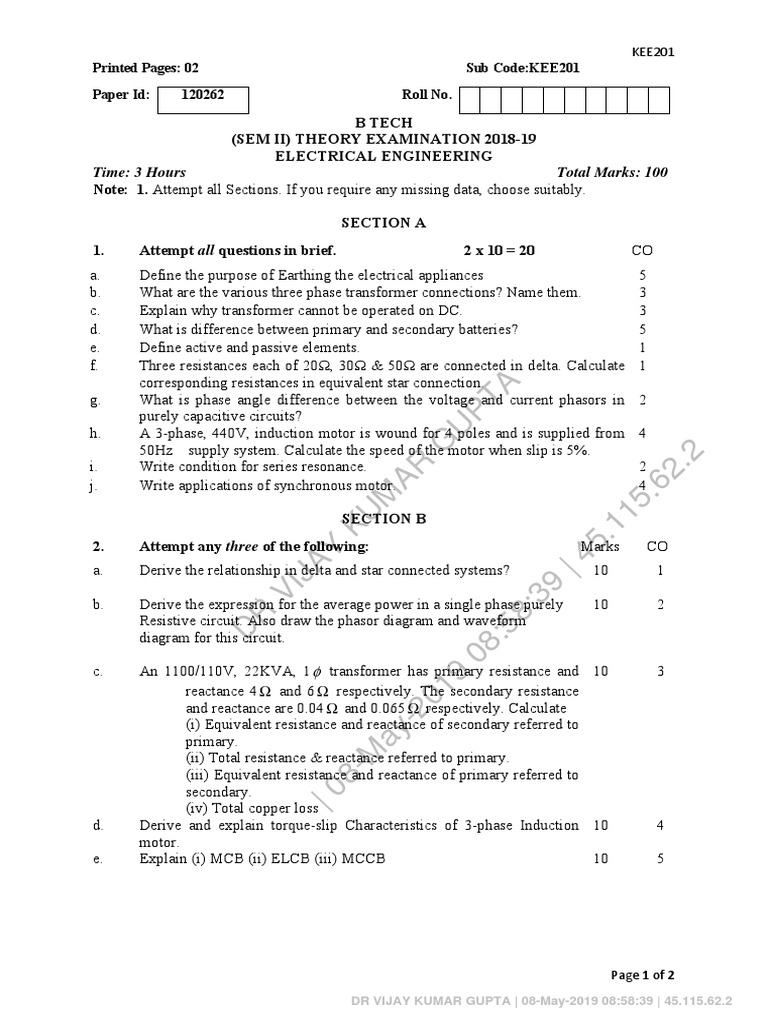 Electrical Engineering Kee 201 | PDF | Transformer | Electric Motor