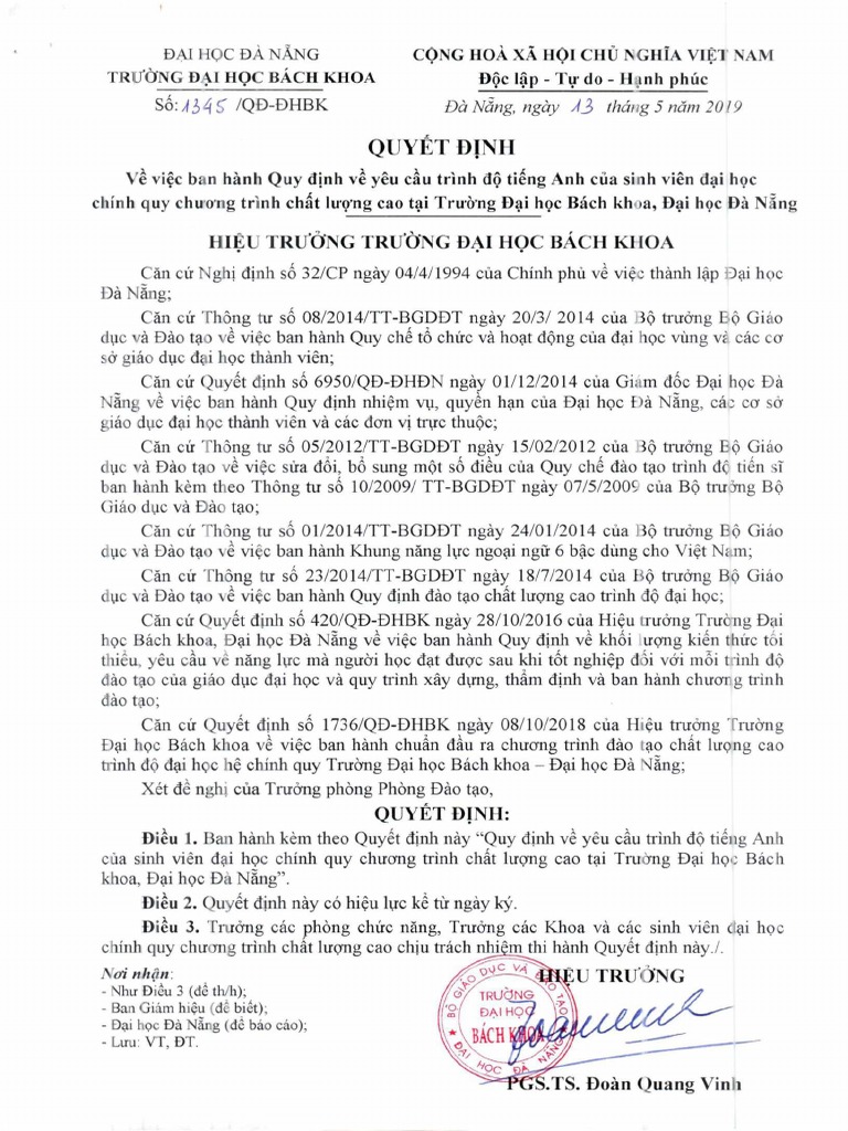 QD1345 2019 Quy Dinh Ve Yeu Cau Trinh Do Tieng Anh SV DHCQ CT CLC Tai ...