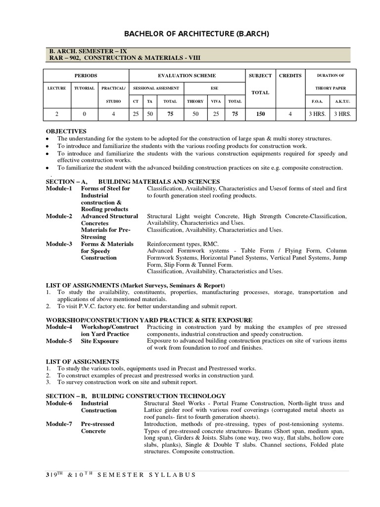 B.Arch Syllabus and Structure 2019-114-116 | PDF | Precast Concrete ...