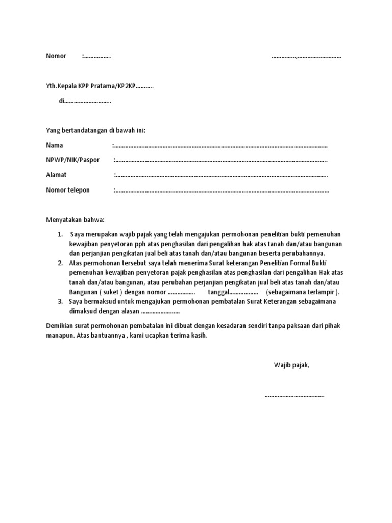 Surat Permohonan Pembatalan Validasi PPH Pasal 4 Ayat 2 | PDF