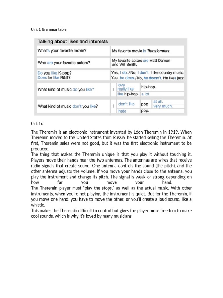 Unit 1 Grammar Table | PDF