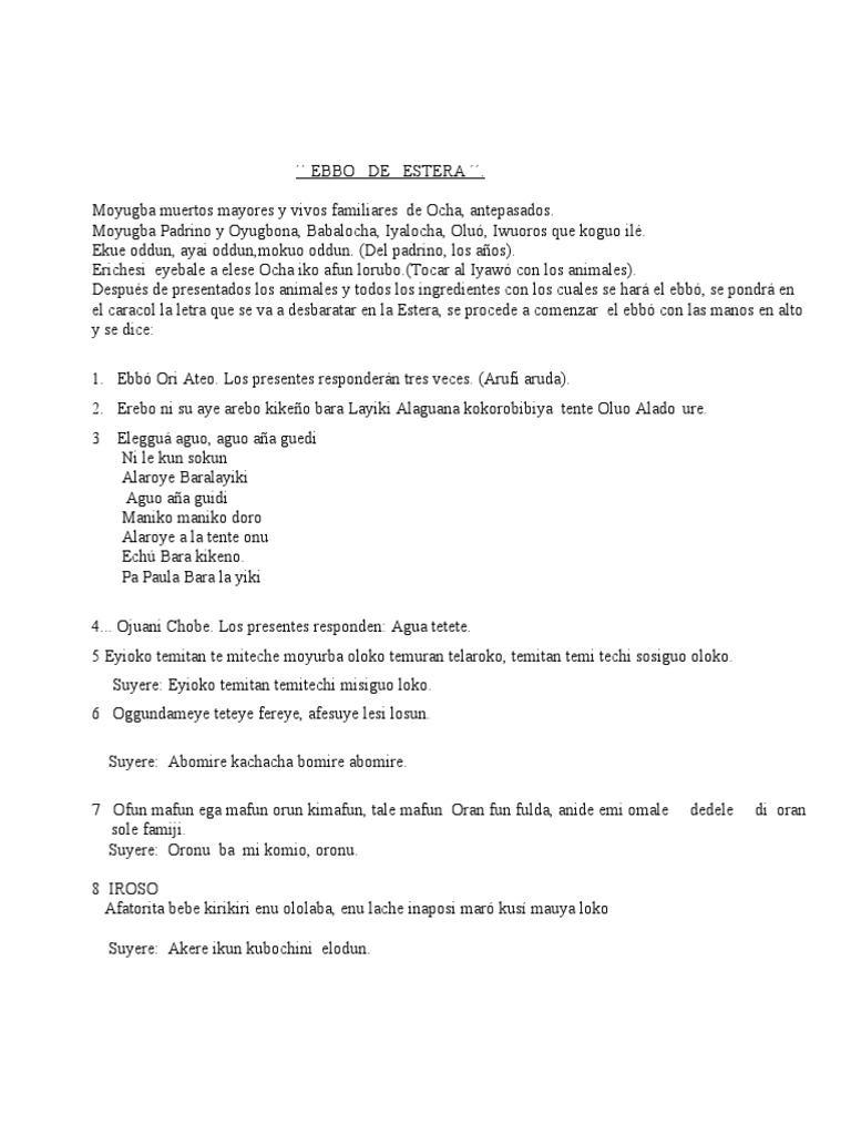 Ritual de Ebbó de Estera y Lengua | PDF | Artes del Lenguaje y Comunicación