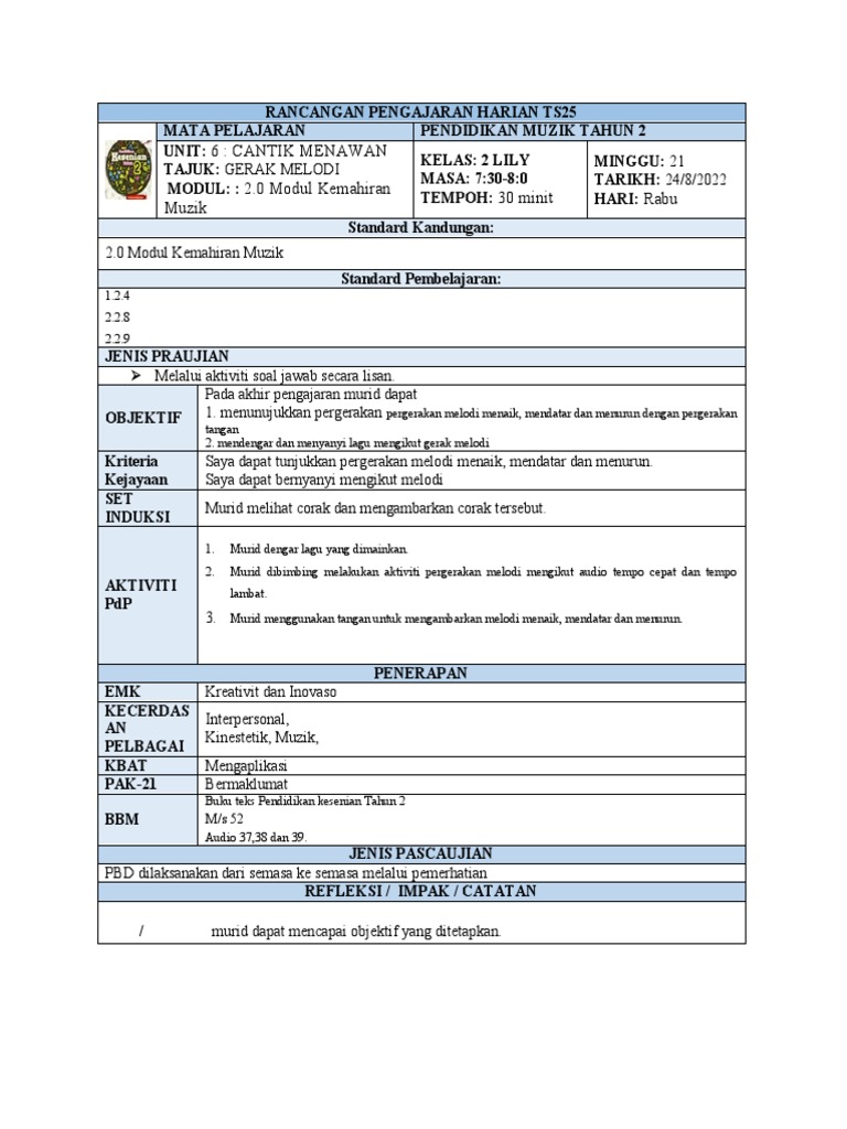 RPH Muzik Tahun 2 Unit 6 | PDF