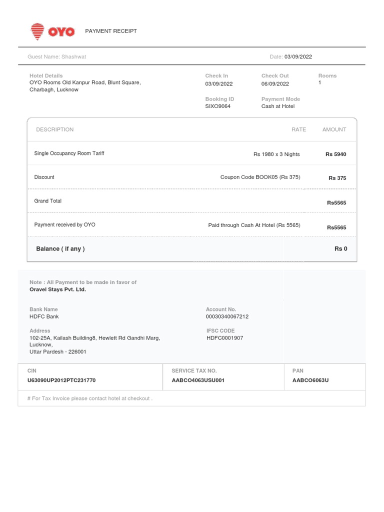 Hotel Payment Receipt | PDF