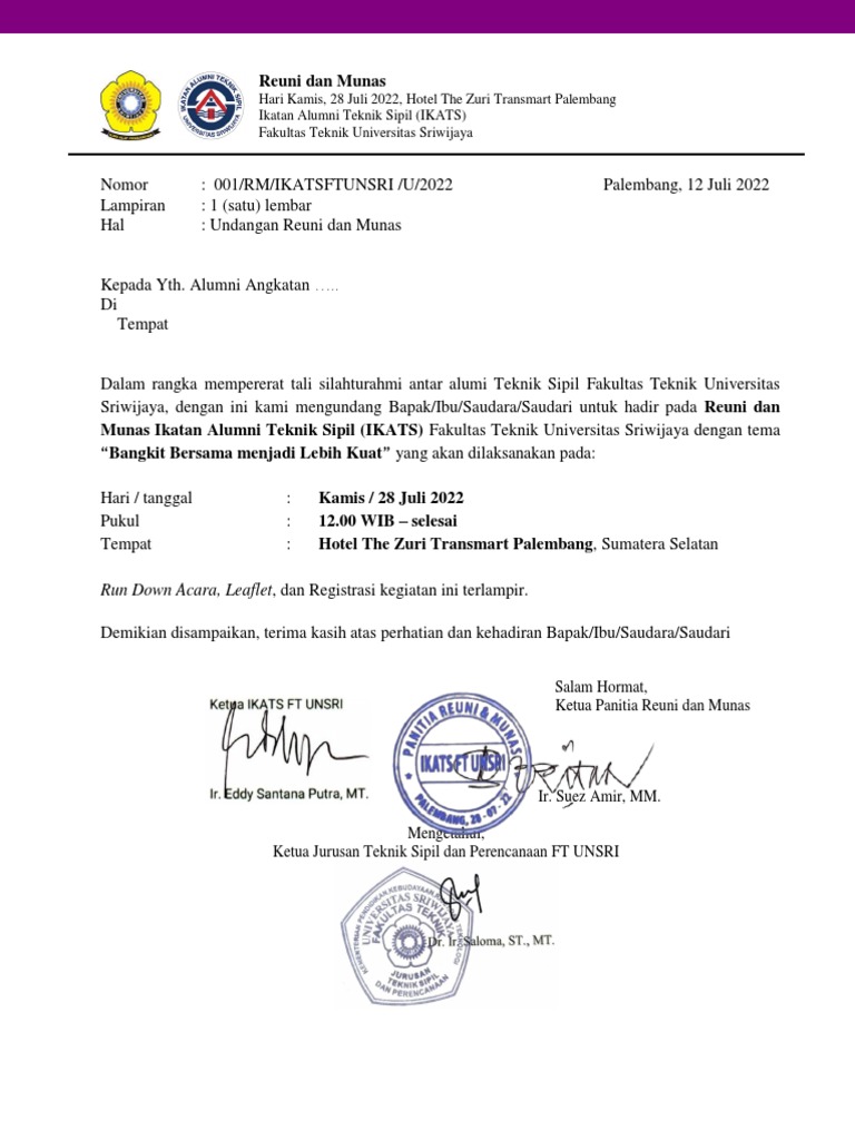 Surat Undangan Reuni Dan Munas Ikats 28 Juli 2022 | PDF