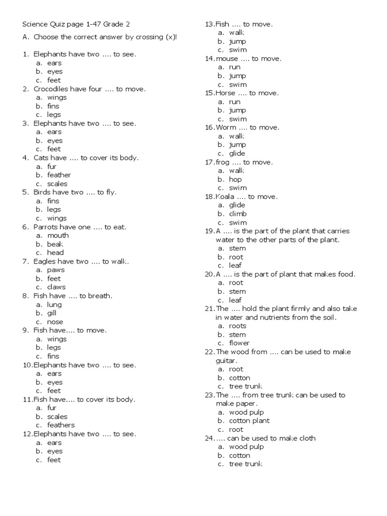 Science Quiz Page 1 - 47 Grade 2 | PDF | Fruit | Elephant