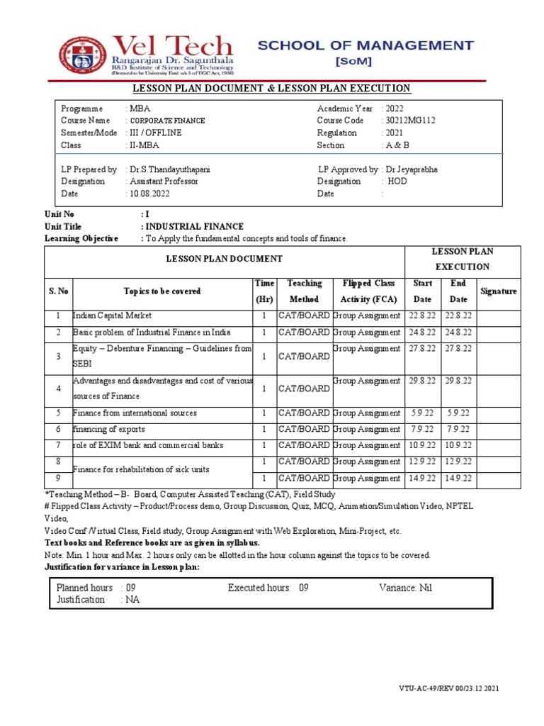 CF Lesson Plan | PDF | Lesson Plan | Master Of Business Administration
