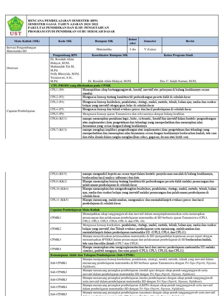 Revisi Rps 2022 - Inovasi Pembel MTK SD | PDF